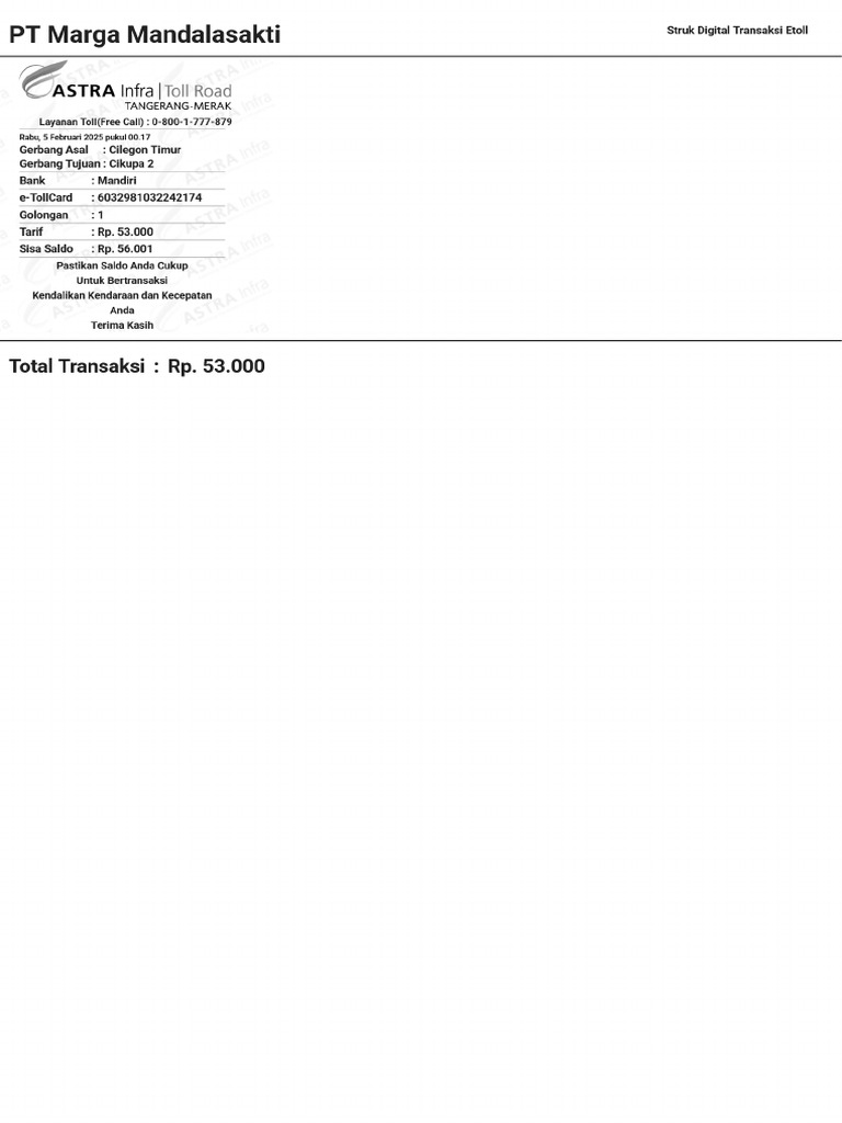 Struk transaksi ASTRA Infra Toll Road - 203329 | PDF