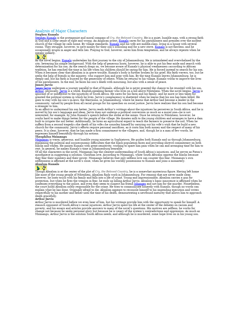 Cry The Beloved Country Analysis of Major Characters | PDF