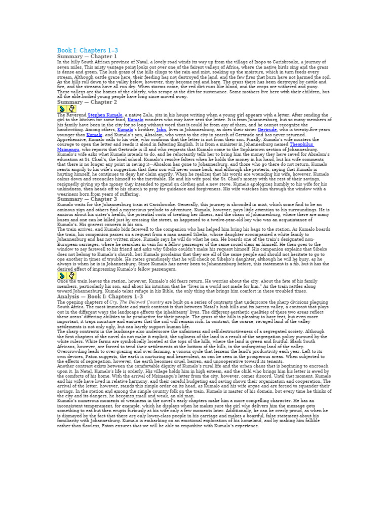 "Cry, The Beloved Country: Chapter 1-3 Summary" | PDF