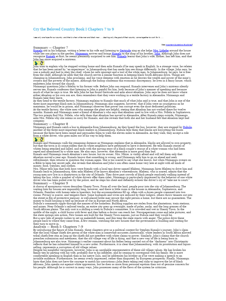 Cry The Beloved Country Book I Chapters 7 To 9 | PDF