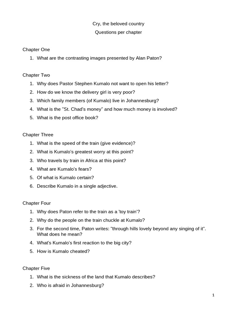 Chapter Questions for "Cry, the Beloved Country" | PDF