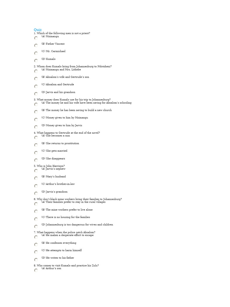 Quiz on "Cry, the Beloved Country" | PDF