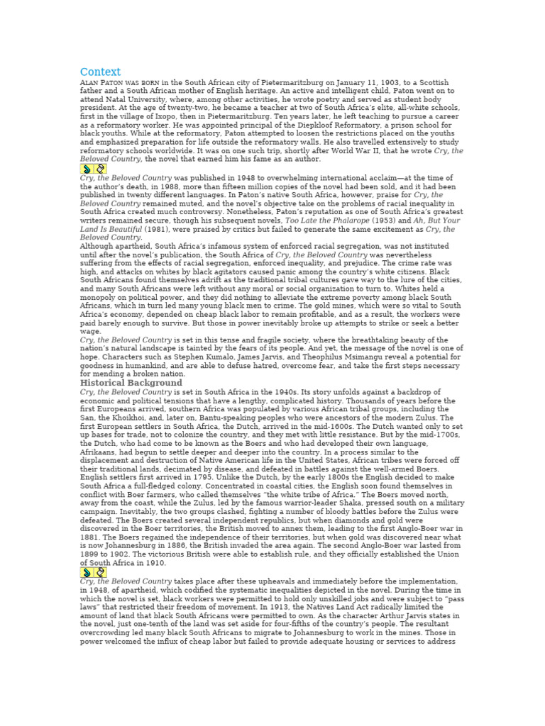 Alan Paton's "Cry, the Beloved Country" Overview | PDF | Apartheid ...