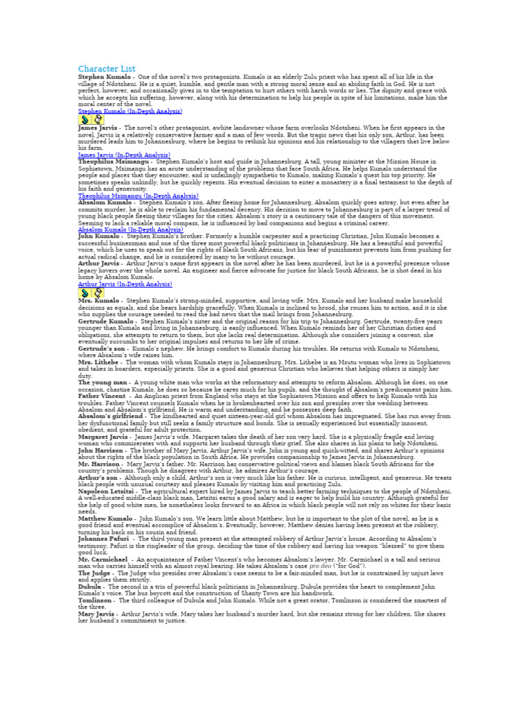Key Characters in "Cry, the Beloved Country" | PDF
