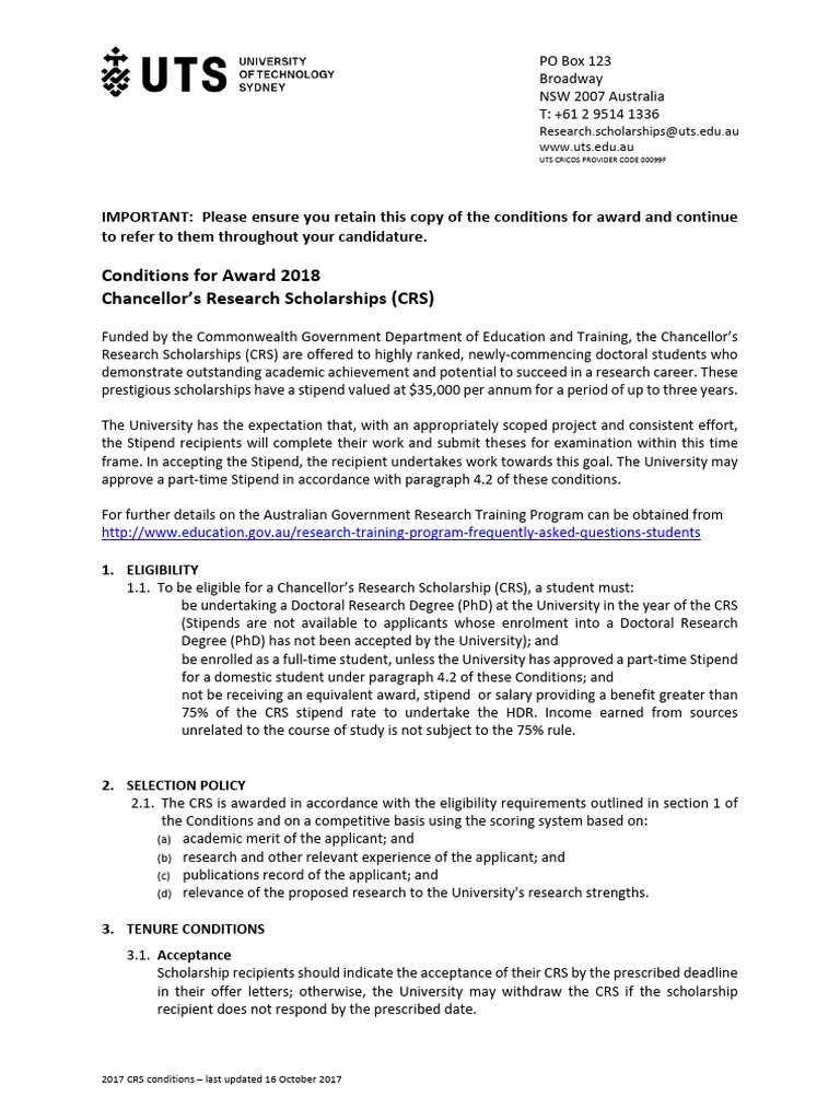 Chancellor's Research Scholarships 2018 | PDF | Taxes | Doctor Of ...