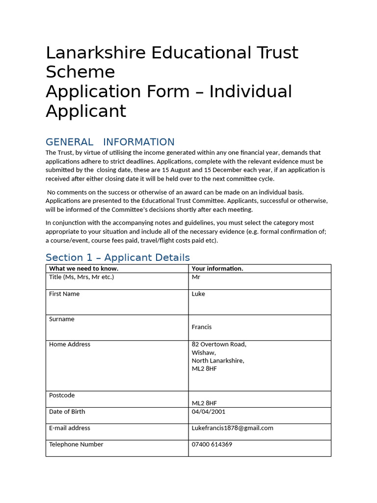 Lanarkshire Educational Trust Scheme Application Form Individual | PDF ...