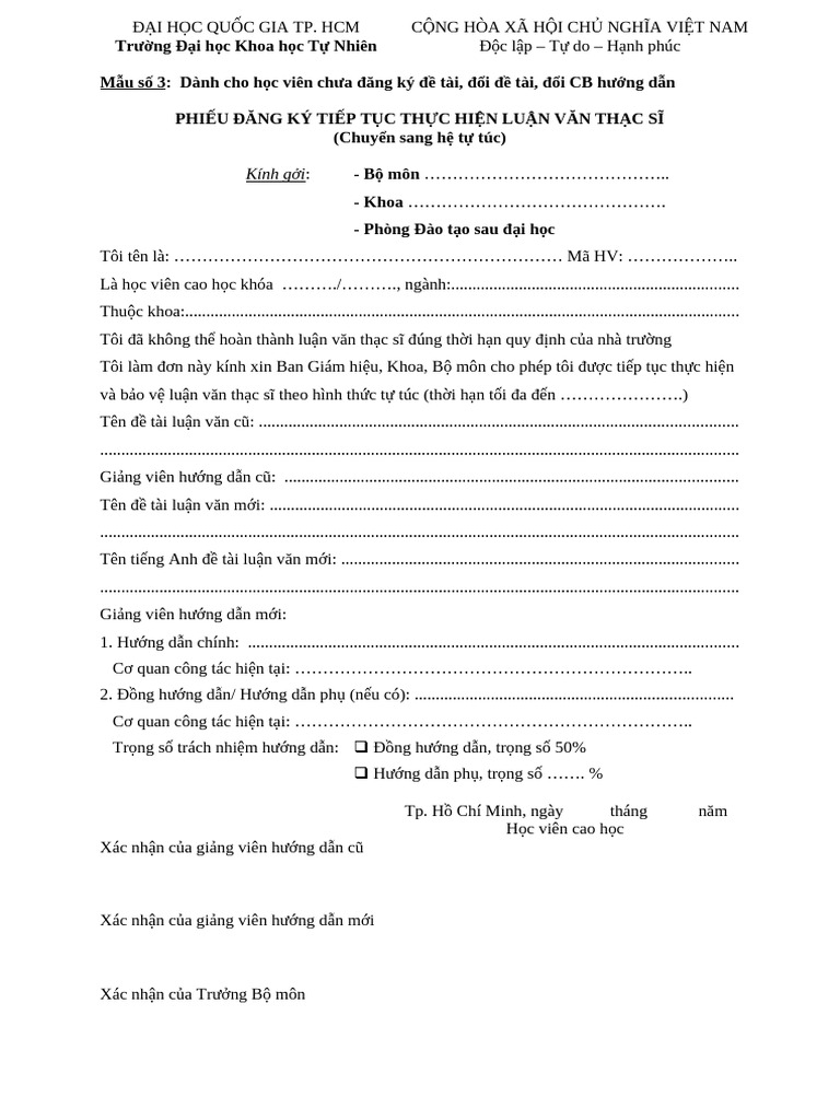 Mau 3 Danh Cho HV Hoc Chua Dang Ky de Tai Hay Doi Detai Va Doi CBHD 2023 | PDF