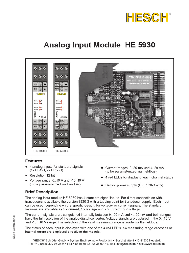 HE 5930 Analog Input Module Overview | PDF | Power Supply | Low Pass Filter