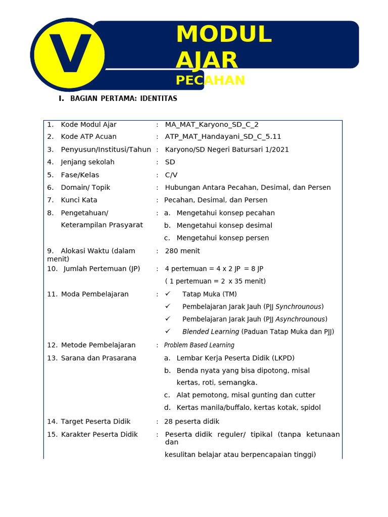Modul Ajar Matematika - Hubungan Antara Pecahan, Desimal, Dan Persen - Fase C | PDF