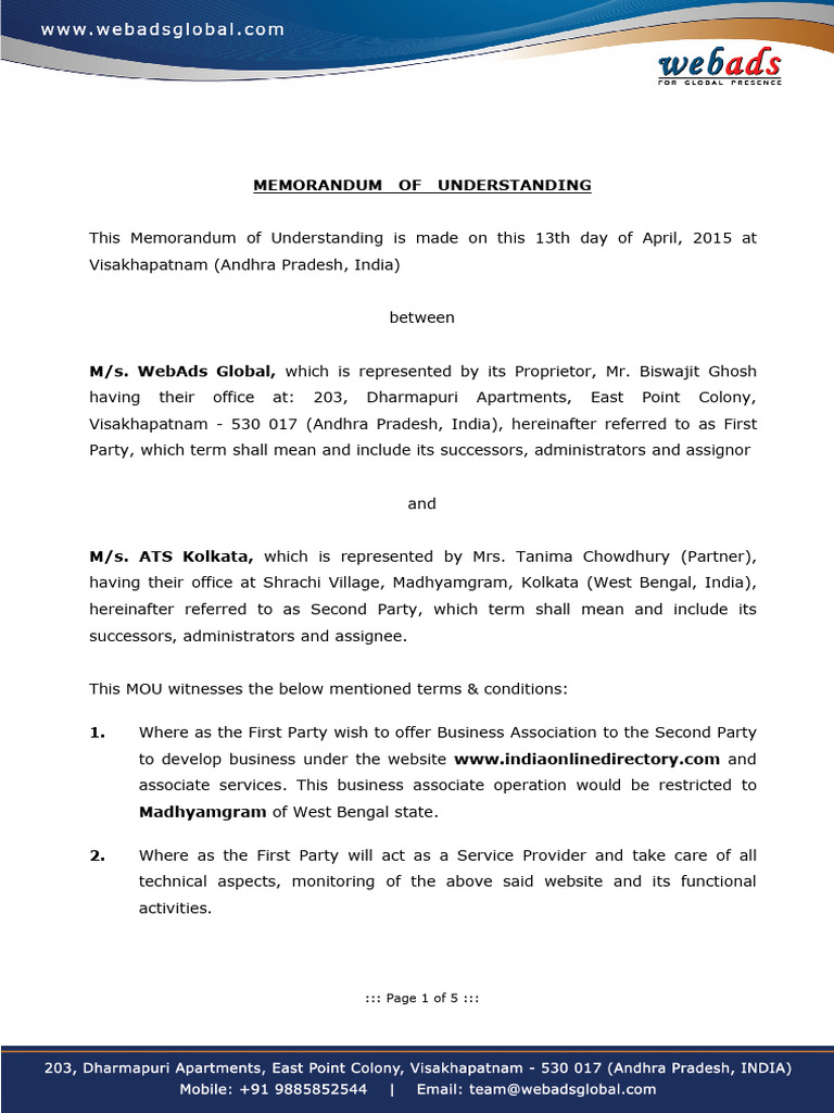 MOU for Business Association Agreement | PDF | Private Law | Justice