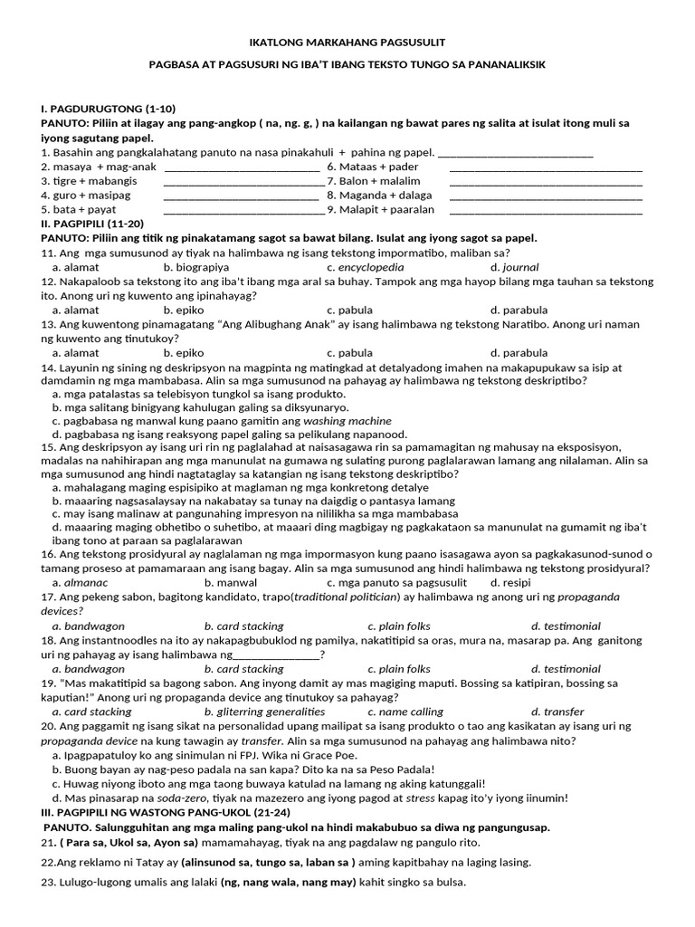 3RD Q EXAM PAGBASA - Copy | PDF