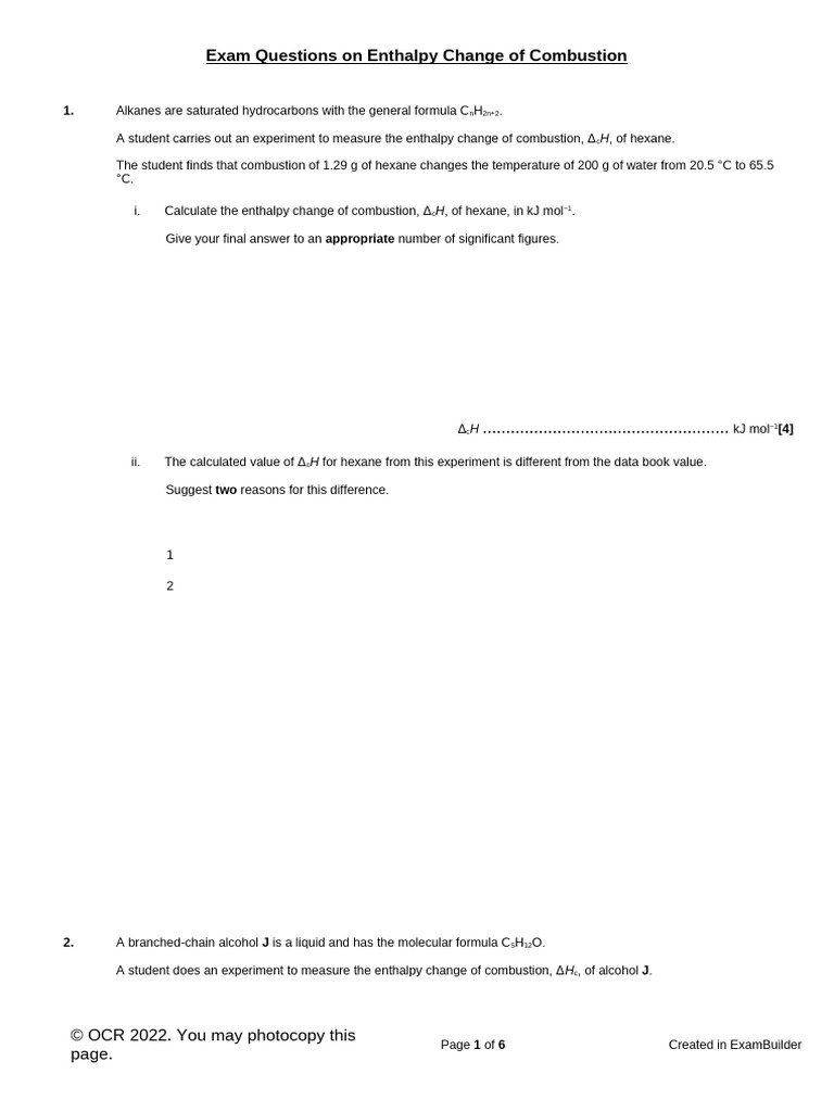 Exam Questions On Enthalpy Change of Combustion | PDF | Alkane | Combustion