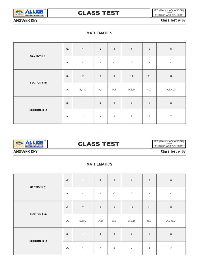 67 Class Test (E-Toas, Tnas, Taas) - Ans Key | PDF