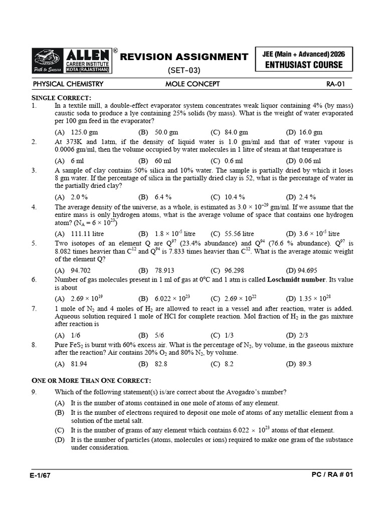 Revision Assignment-01 to 11 (Set-03) | PDF | Gases | Pressure