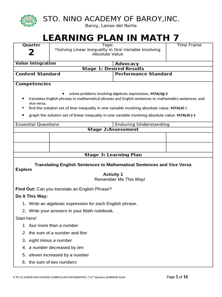LEARNING PLAN IN MATH 7 MELCS (2nd Quarter) | PDF | Equations | Mathematics
