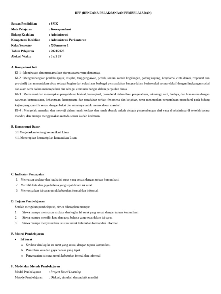 RPP Korespondensi (Isi Surat) | PDF