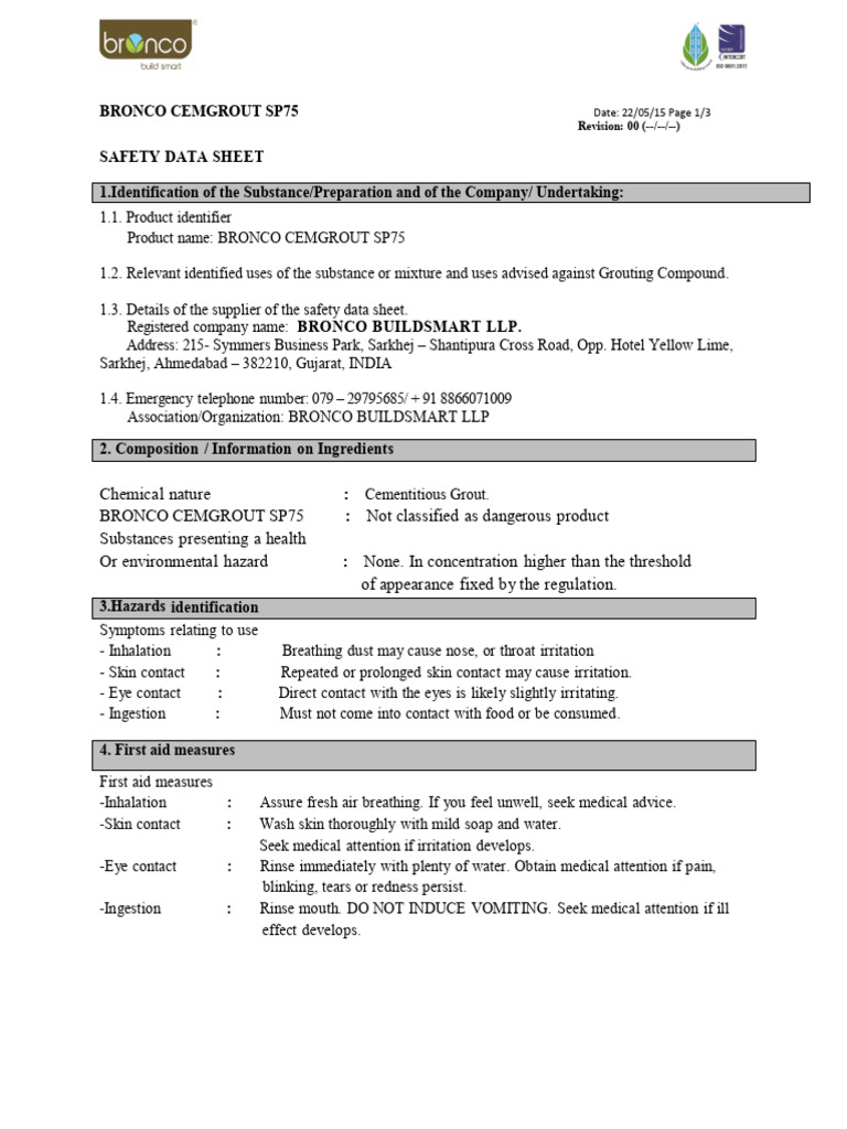 Bronco Cemgrout SP75 Safety Data Sheet | PDF | Personal Protective ...