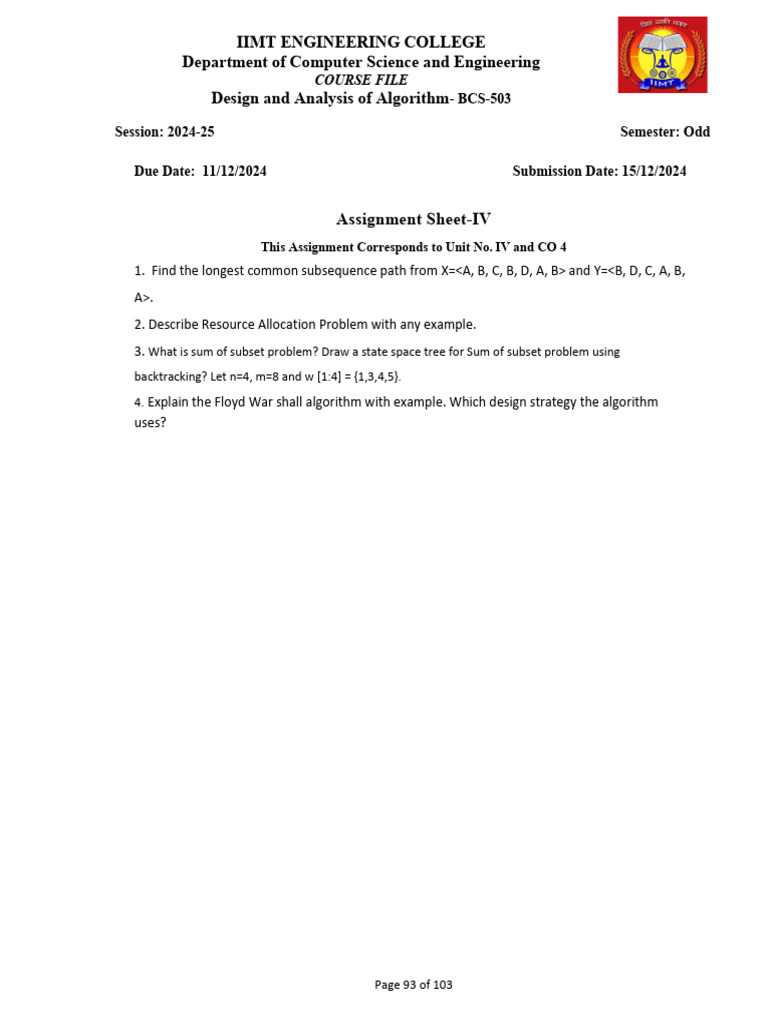 Design and Analysis of Algorithms Assignment | PDF