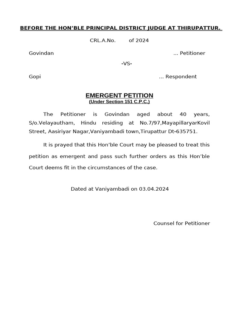 Emergent Petition Format in CPC | PDF
