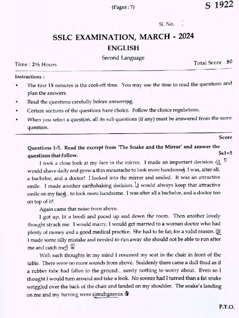 SSLC Examination 2024 English Question Paper | PDF