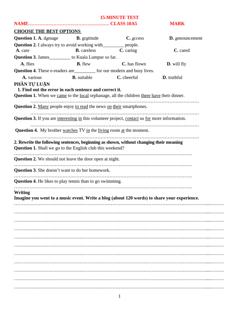 15-Minute English Test for Class 10A5 | PDF