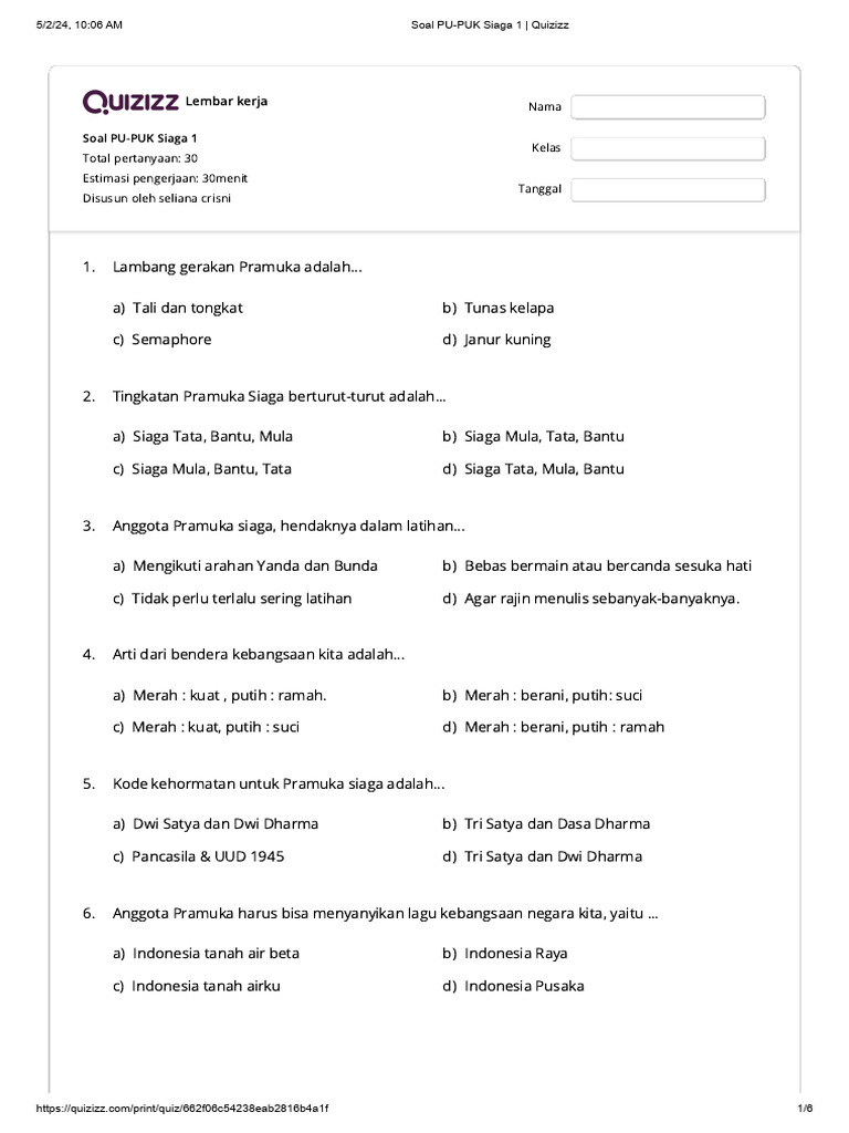 Soal PU-PUK Siaga 1 - Quizizz | PDF
