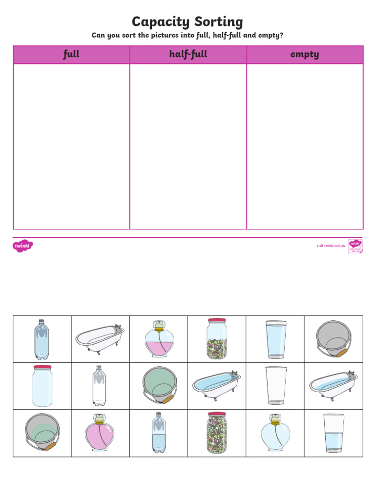 Sort Containers in Empty Half Full or Full (Easy) A Worksheet | PDF