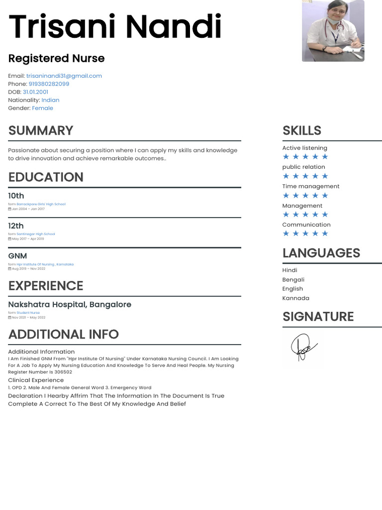 Registered Nurse Resume - Trisani Nandi | PDF | Communication | Nursing