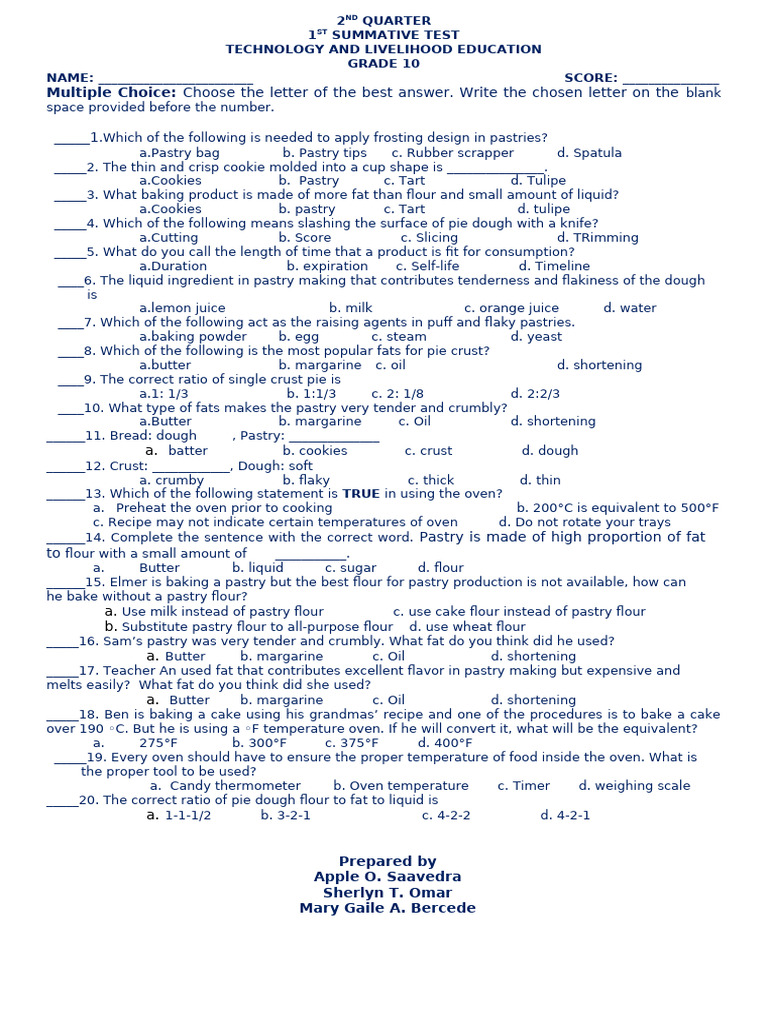 Grade 10 TLE Pastry Test Questions | PDF | Cakes | Breads