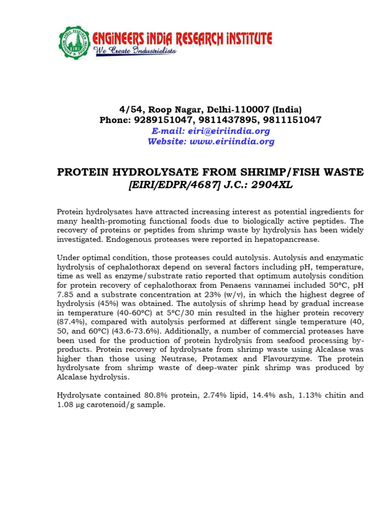 Project Report On PROTEIN HYDROLYSATE FROM SHRIMP/FISH WASTE | PDF ...
