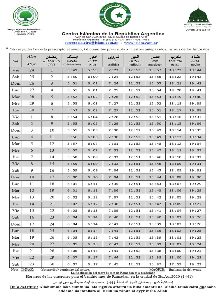 Horarios de Oraciones y Ayuno Ramadan 2020 | PDF