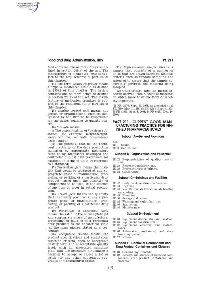 FDA Guidelines for Pharmaceutical Manufacturing | PDF | Sanitation ...