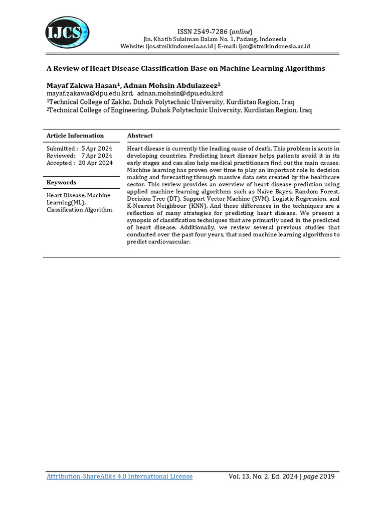 A Review Of Heart Disease Classification Base On M Pdf Machine Learning Support Vector Machine