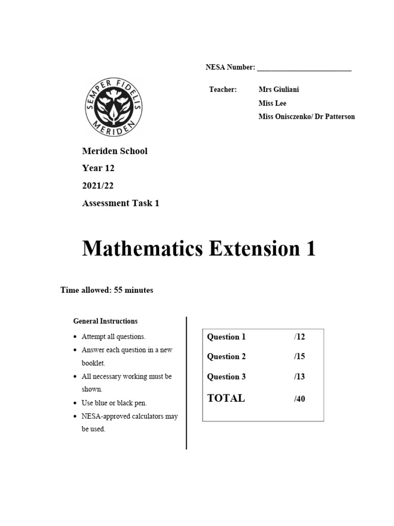 Meriden Year 12 EXT 1 Task 1 2022 Questions | PDF | Mathematical Proof ...