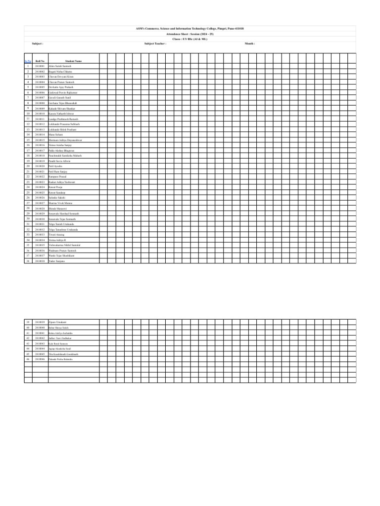 Attendence AI &ML roll no list - Sheet2-1 | PDF