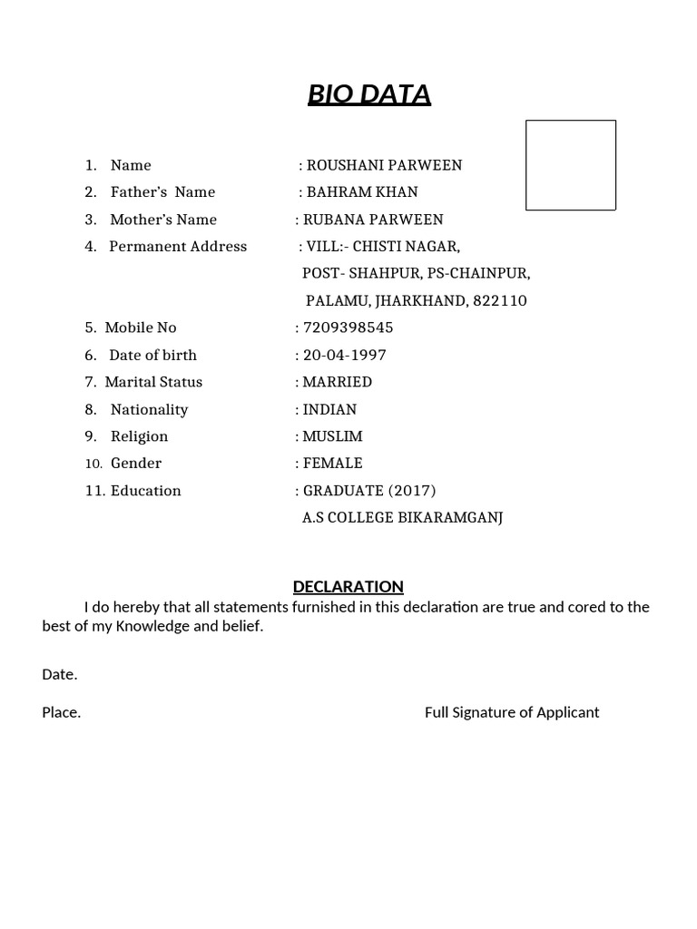Bio Data 3 Roushani Parween | PDF