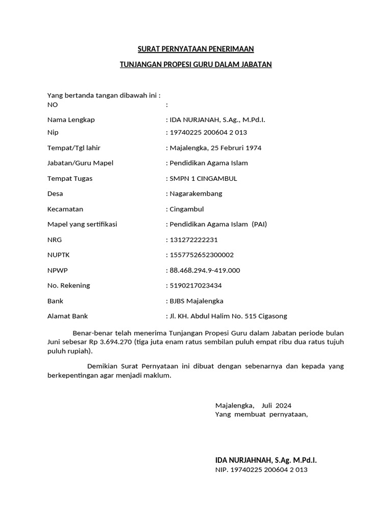 Surat Pernyataan Penerimaan - Ibu Ida, Ibu Eti | PDF