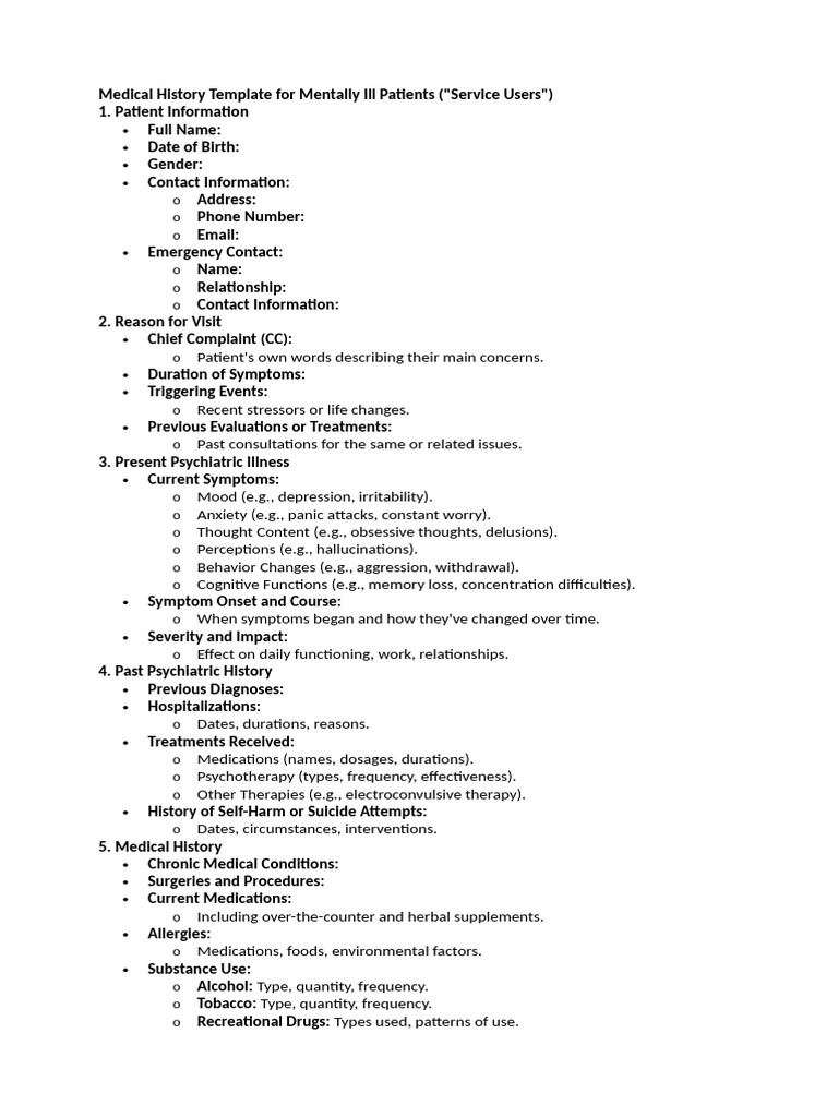 Psychiatric History Template Guide | PDF | Mental Disorder | Self Harm