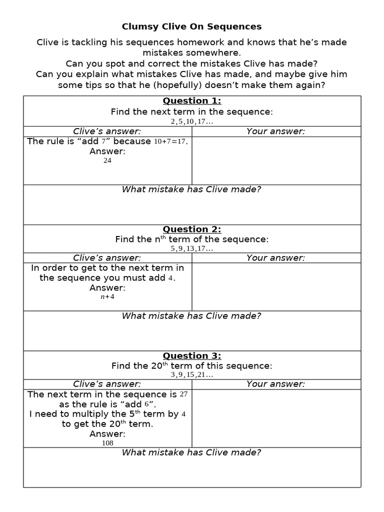 Clumsy Clive On Sequences | PDF | Arithmetic | Mathematics