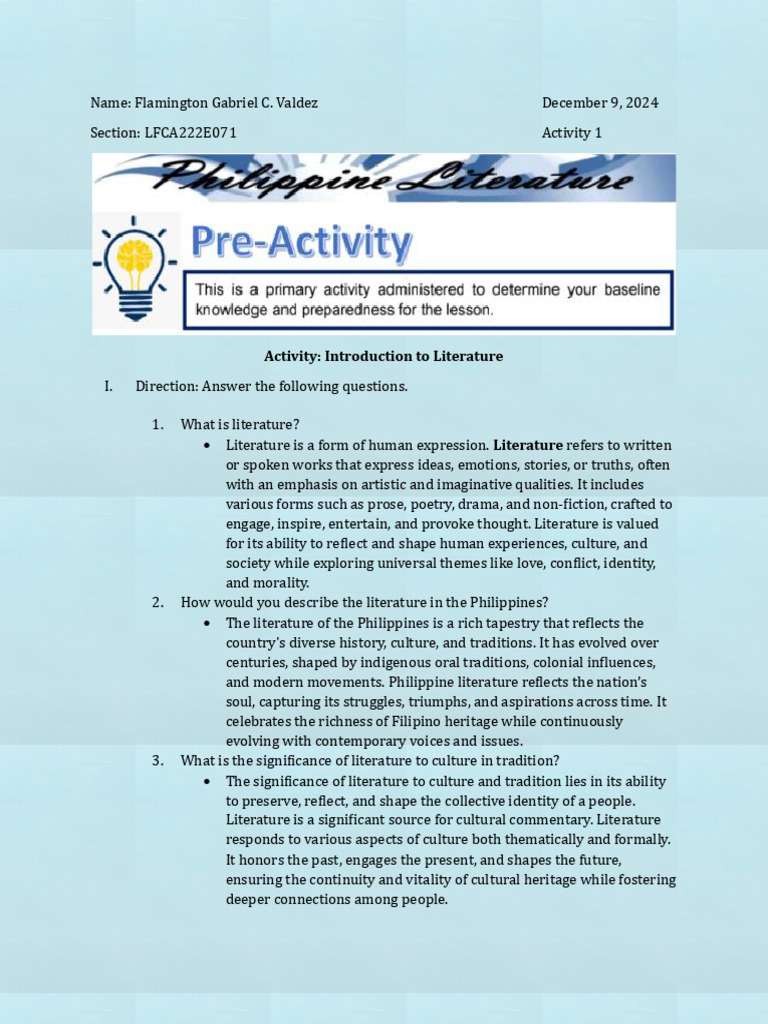 Activity 1 - Philippine Literature | PDF | Poetry | Prose