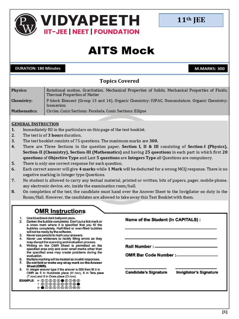 11th JEE - AITS Mock - 17 Jan 2025 - Paper | PDF | Force | Friction