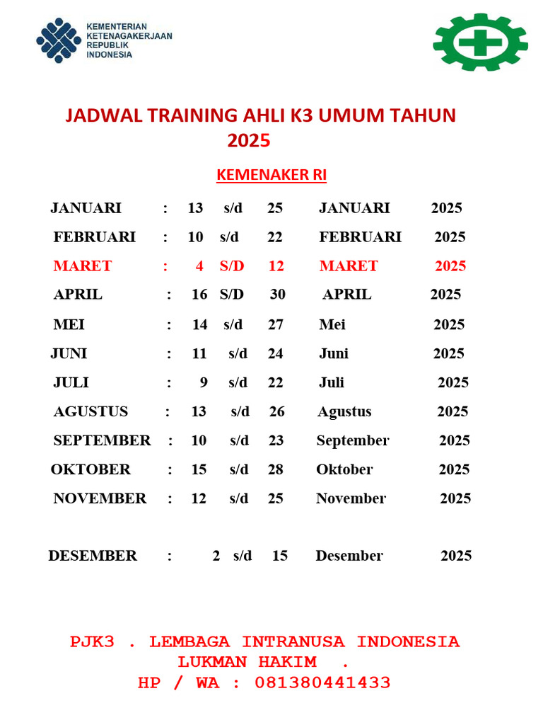 Jadwal Setahun Training Ahli k3 Umum Tahun 2025 (Kemnaker Ri) | PDF