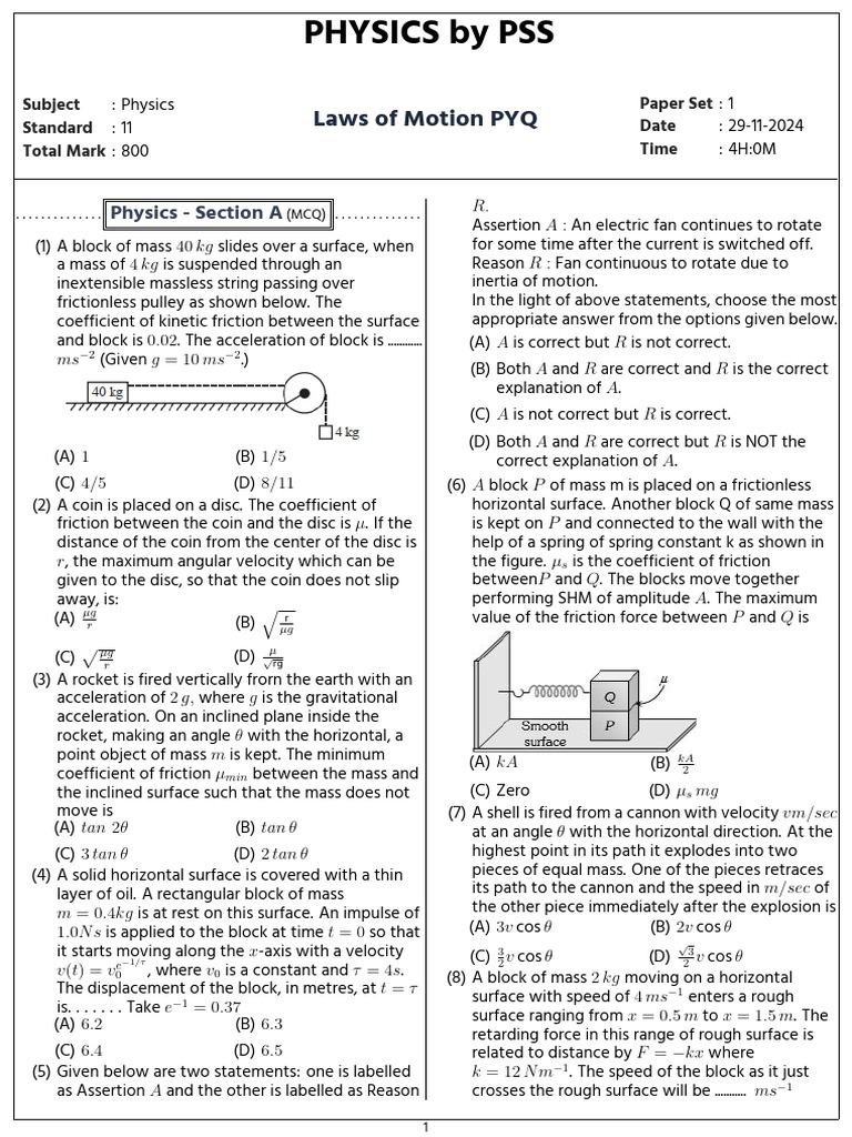 Laws_of_Motion_PYQ_1732869135 | PDF | Force | Mass