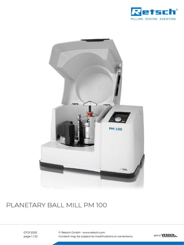 Planetary Ball Mill PM 100 Overview | PDF | Mill (Grinding) | Physical Sciences