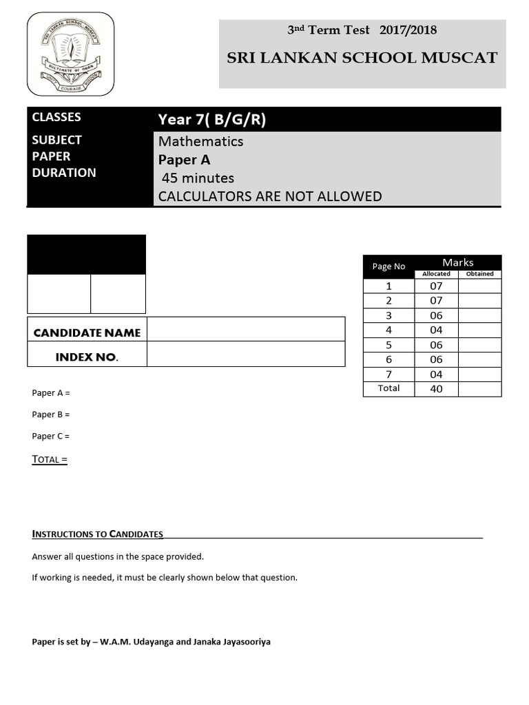 Year 7 Mathematics Test Papers | PDF | Shape | Elementary Mathematics