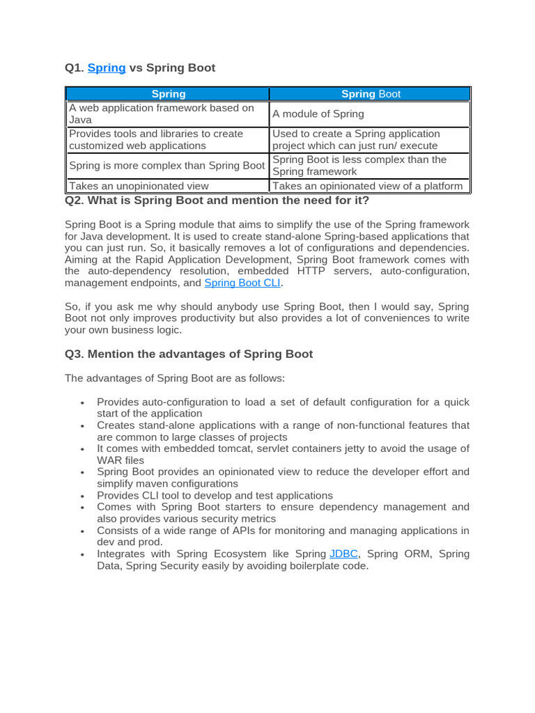 BU Questions On Spring Boot | PDF | Spring Framework | Databases