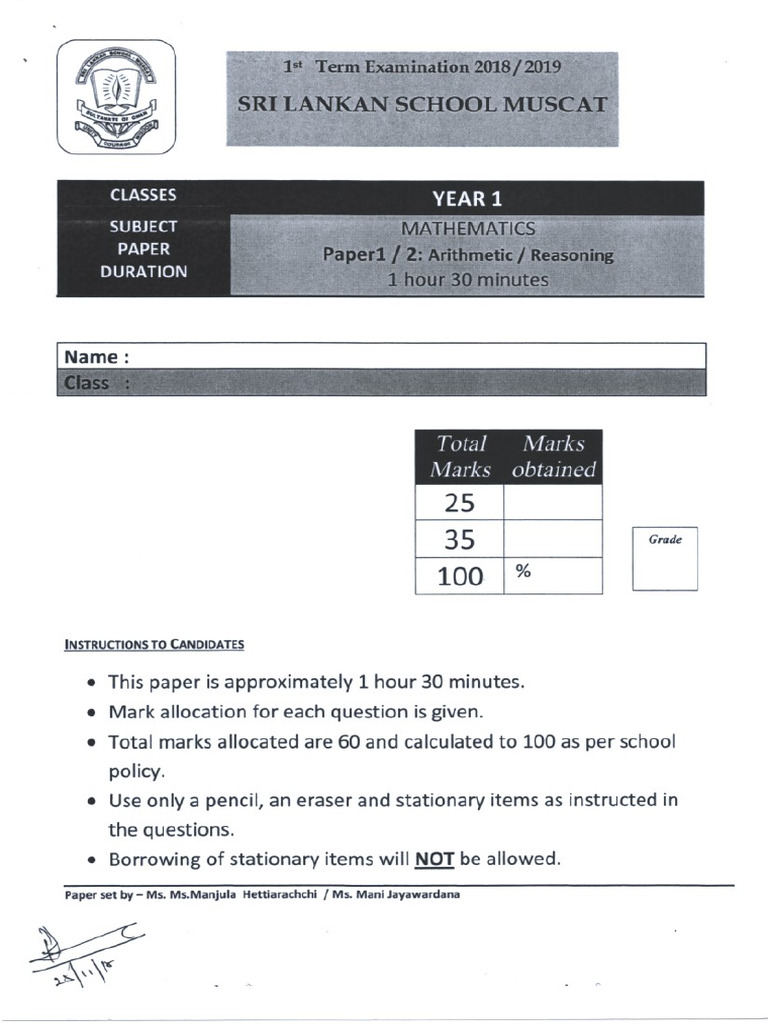 Year 1 Mathematics Paper 2 2018-2019 | PDF