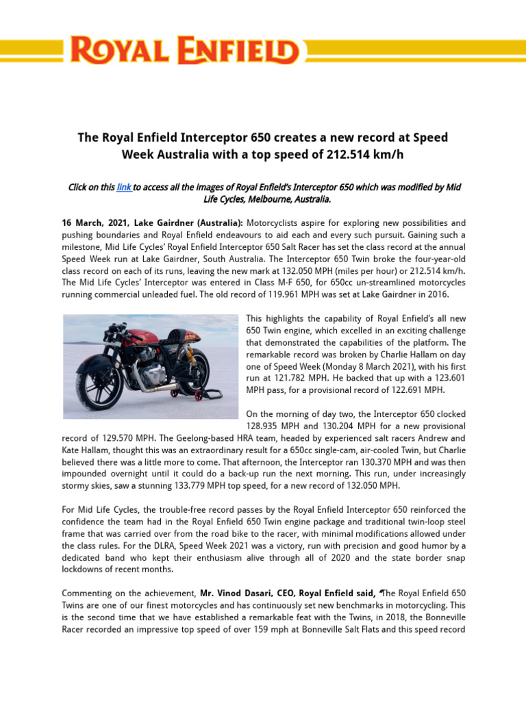 Royal Enfield Interceptor 650 Sets Speed Record | PDF | Land Vehicles ...