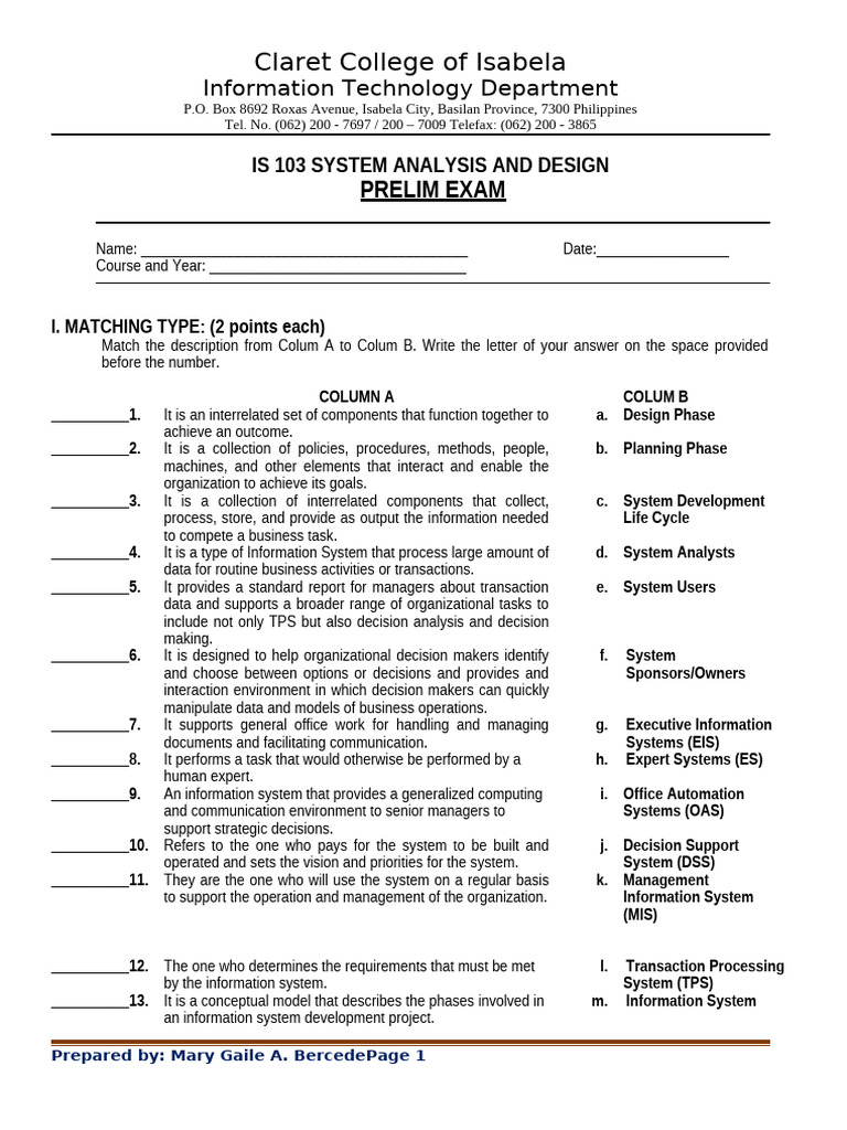 IS101 SADSIGN PRELIM Exam | PDF | System | Computing