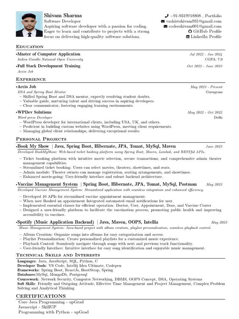 Resume Spring Shivam Sharma | PDF | Databases | Software